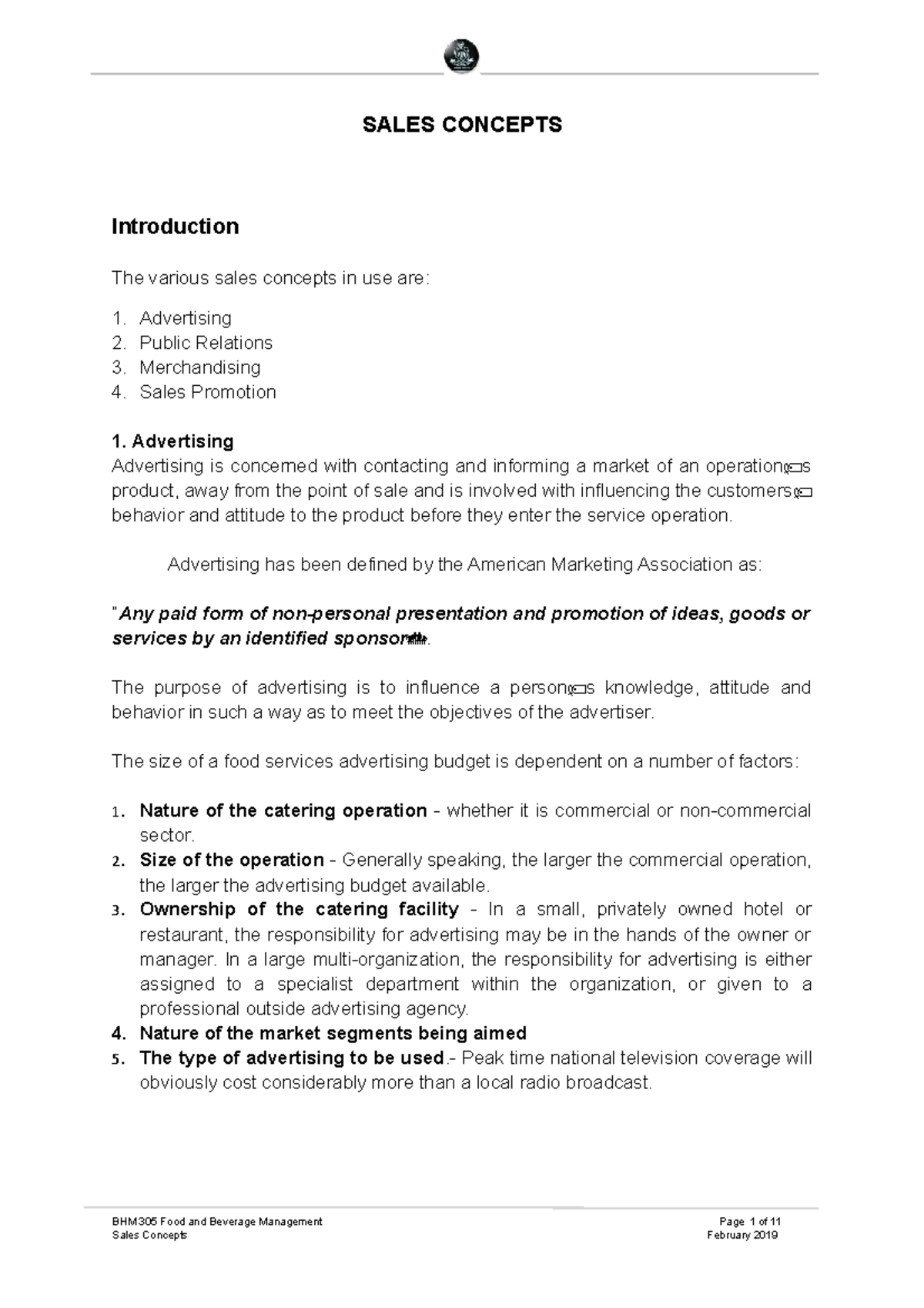 2. Sales Concepts - SALES CONCEPTS Introduction The various sales ...