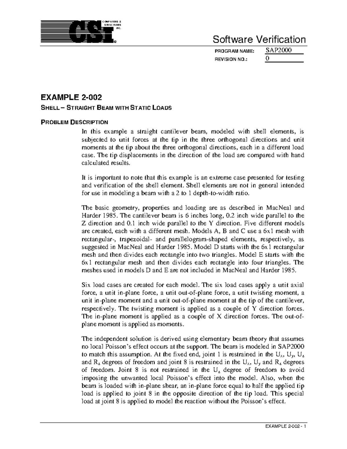 Problem 2-002 - sap2000 - S TR U C TU R E S IN C. R Software Verification PROGRAM NAME: SAP ...