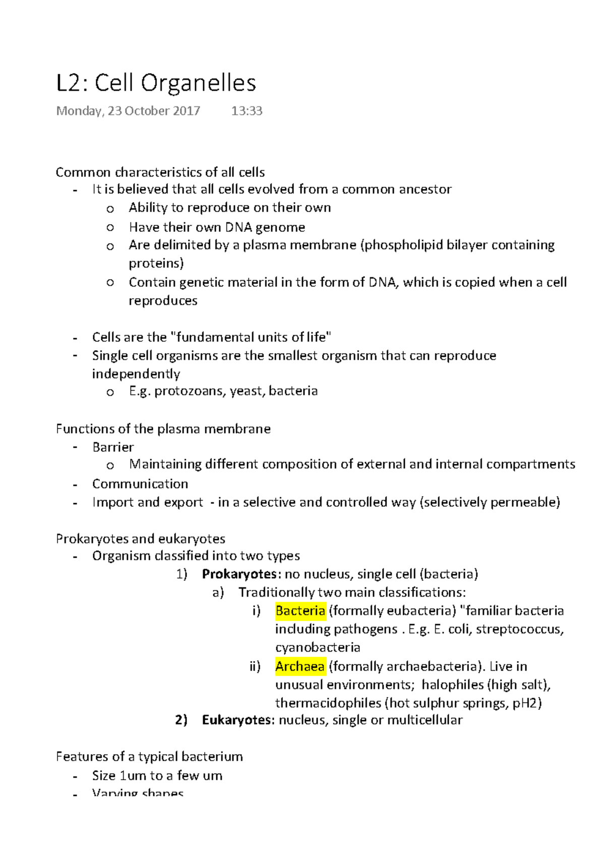 L2 Cell Organelles - Lecture notes 1 - L2: Cell Organelles Monday, 23 ...