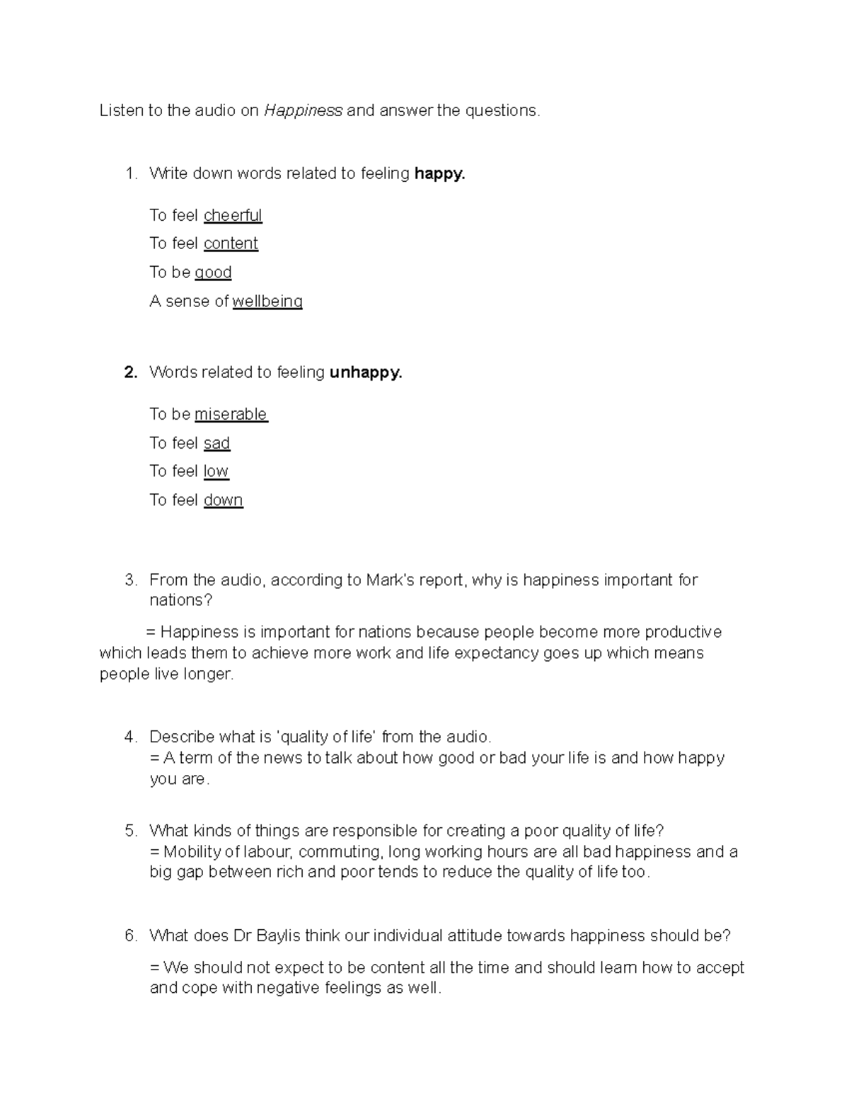 Questions on Happiness - Listen to the audio on Happiness and answer ...
