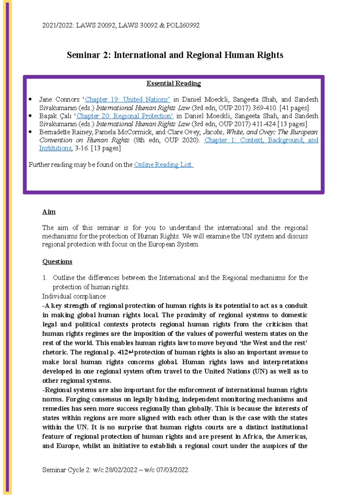 Human rights law seminar : International and Regional Human Rights ...