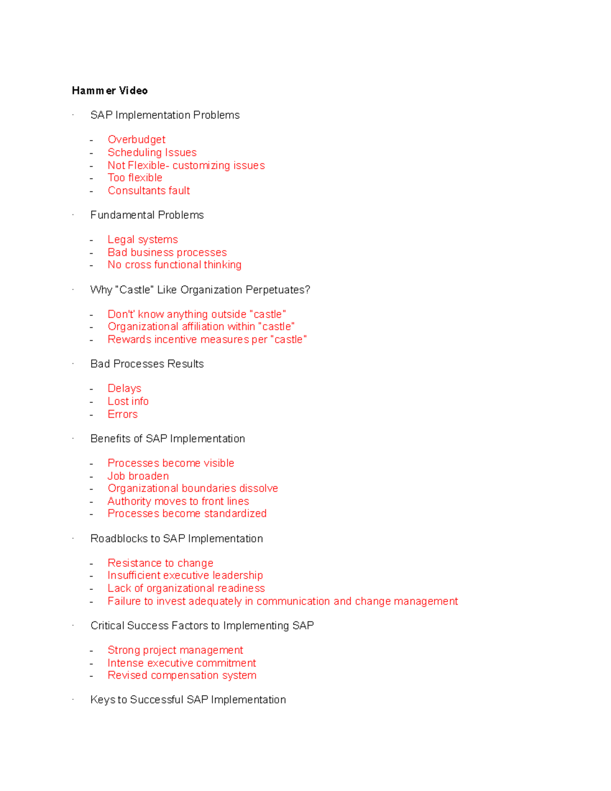 Exam 1 Prep - notes from class - Hammer Video · SAP Implementation ...