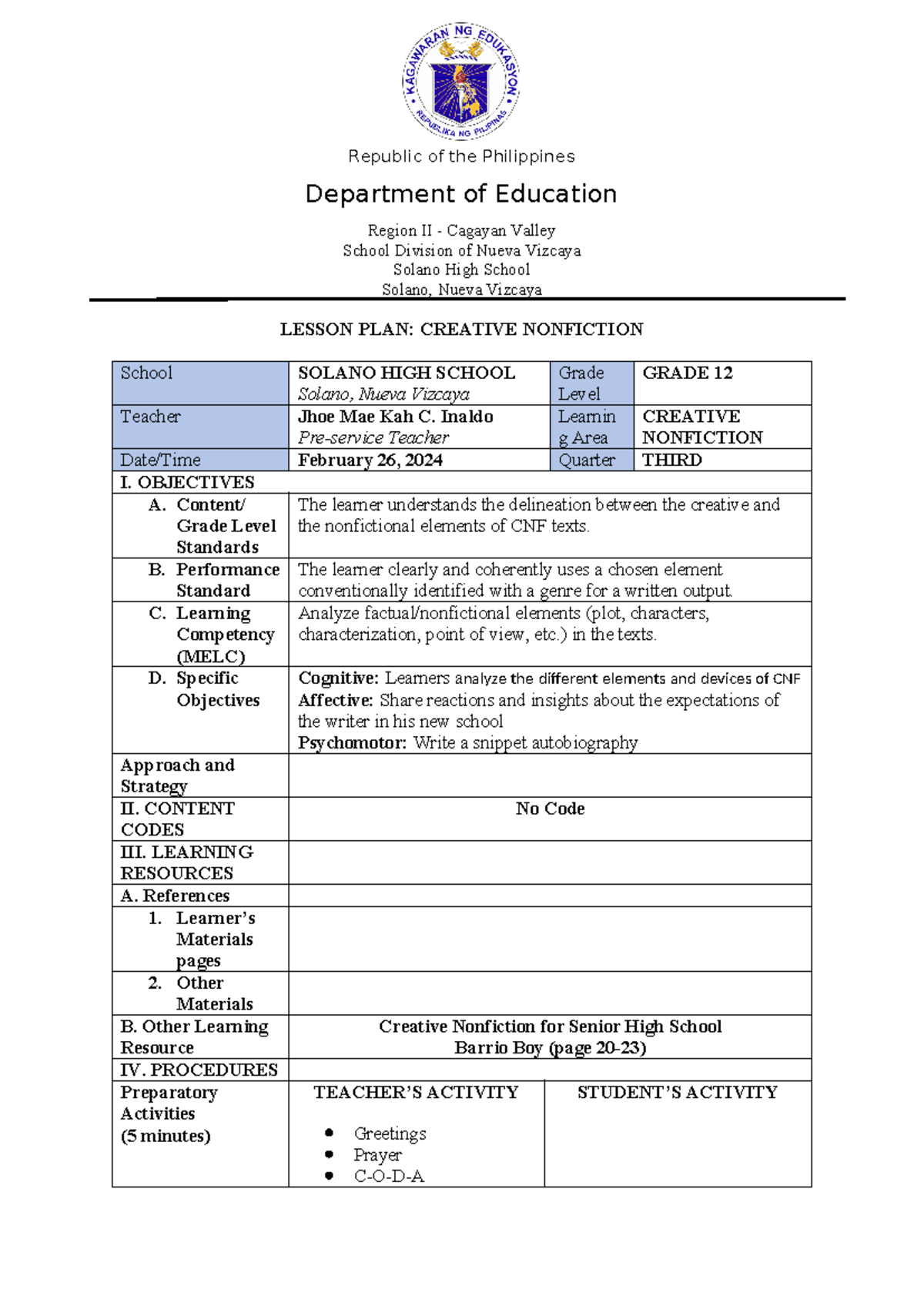 DLP in CNF Autobiography - Republic of the Philippines Department of ...