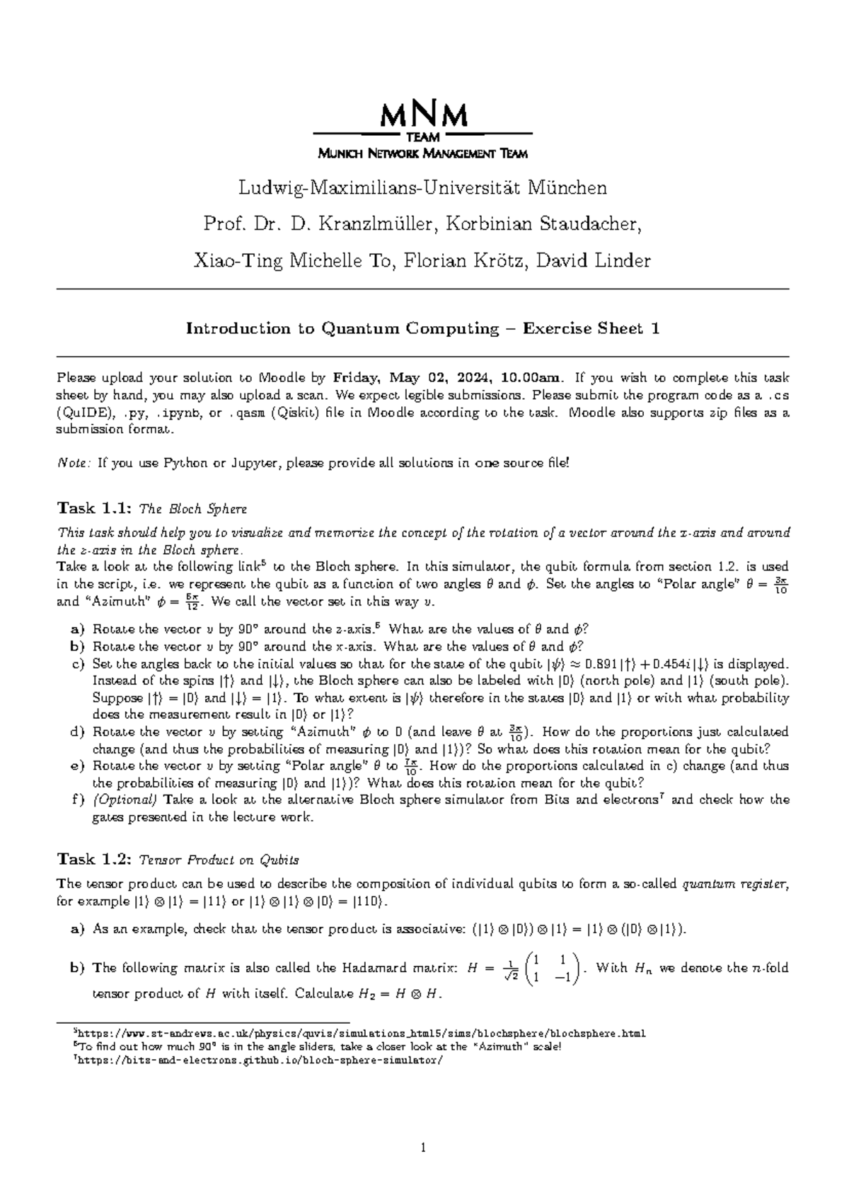 Introduction to Quantum Computing – Exercise Sheet 1 - Ludwig ...