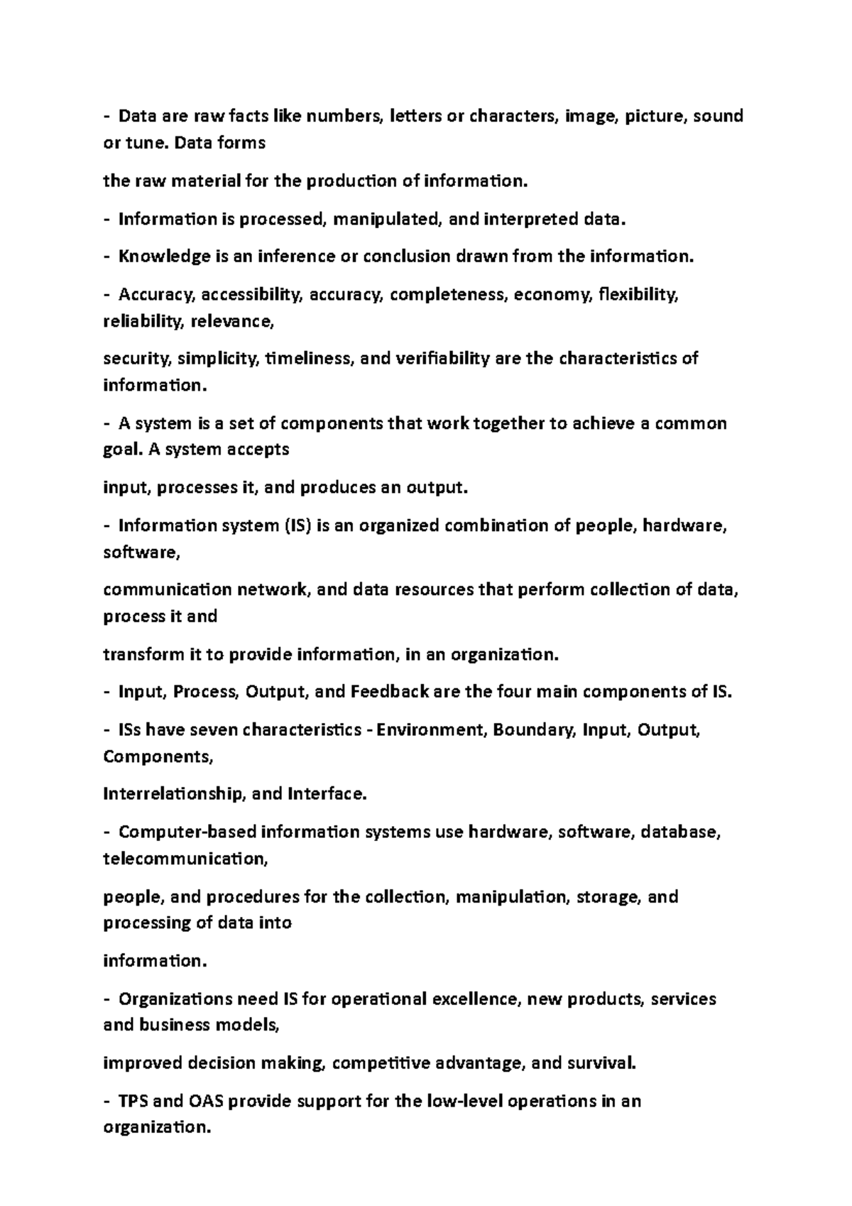 Information Systems - Data are raw facts like numbers, letters or ...