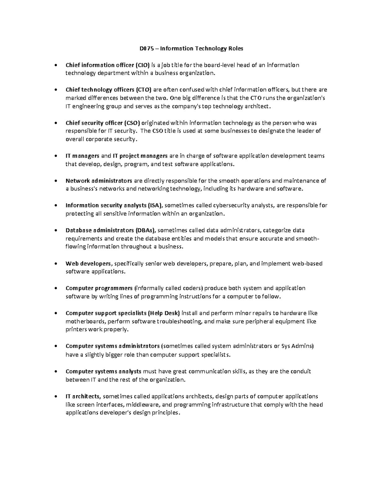 D075 IT Roles - D075 – Information Technology Roles Chief information ...