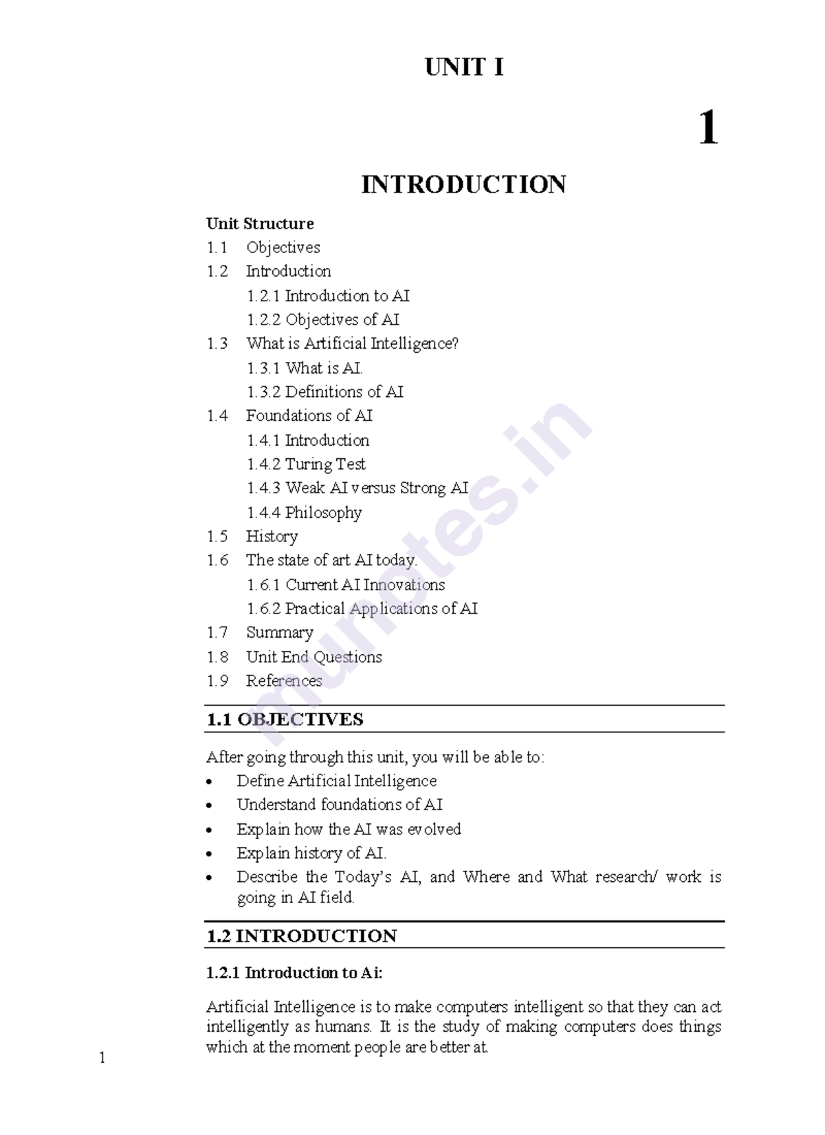 Artificial-Intelligence-munotes - UNIT I 1 INTRODUCTION Unit Structure ...