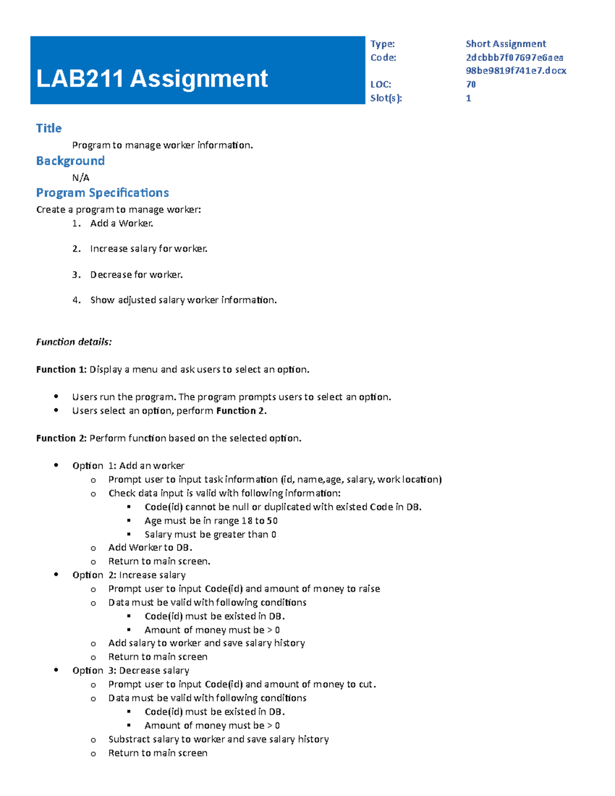 J1 - databaselab1 - LAB211 Assignment Type: Short Assignment Code ...