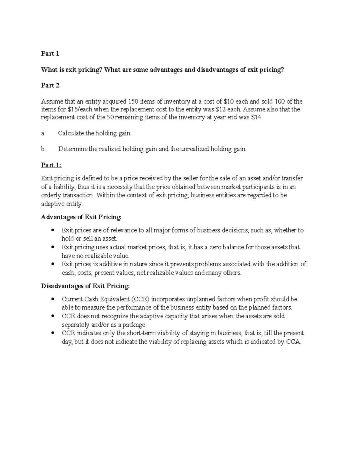 Wk12 - Tutorial Wk12 - Part 1 What is exit pricing? What are some advantages and disadvantages ...