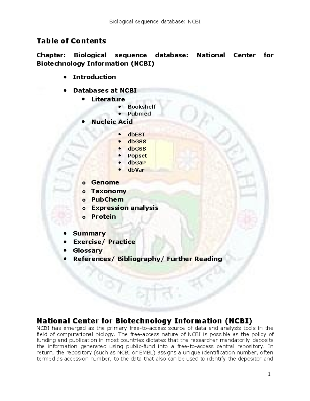 Unit -12 NCBI Database - Biological sequence database: NCBI 1 Table of Contents Chapter ...