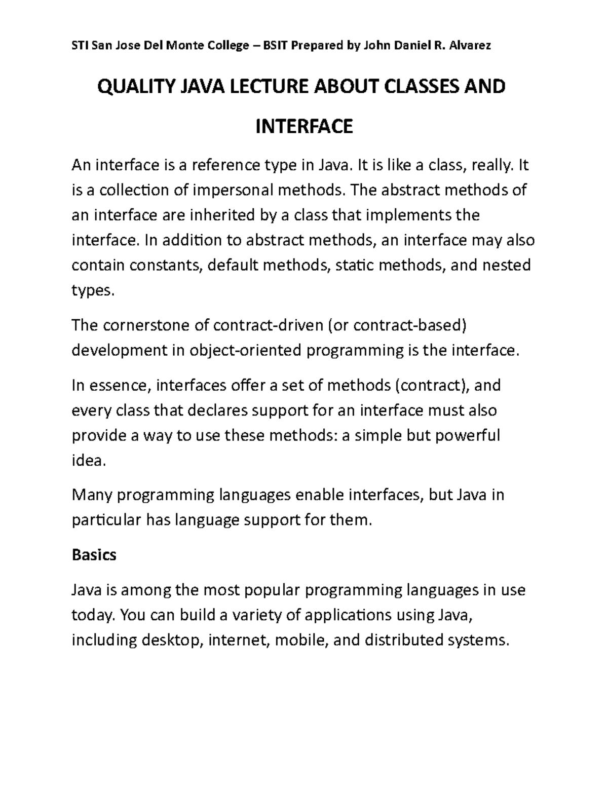 Quality Java Lecture About Classes and Interfaces - QUALITY JAVA LECTURE ABOUT CLASSES AND ...