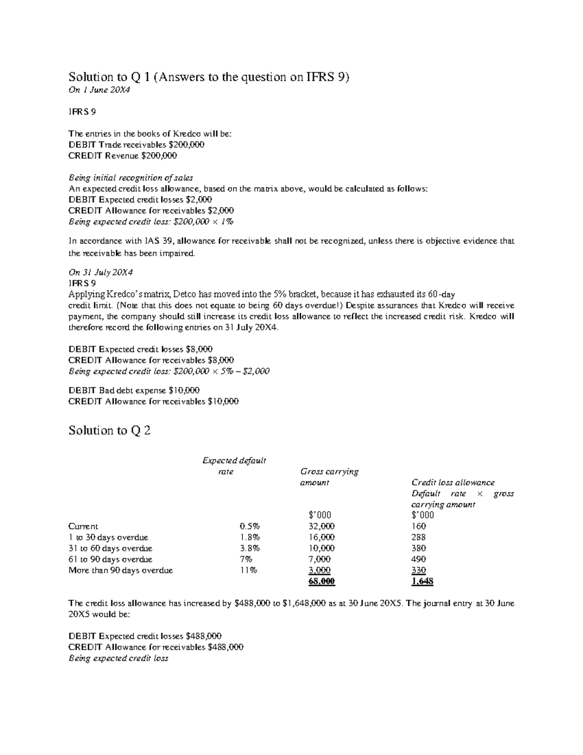 Answer to Q on IFRS 9 - dddd - Solution to Q 1 (Answers to the question on IFRS 9) On 1 June 20X ...