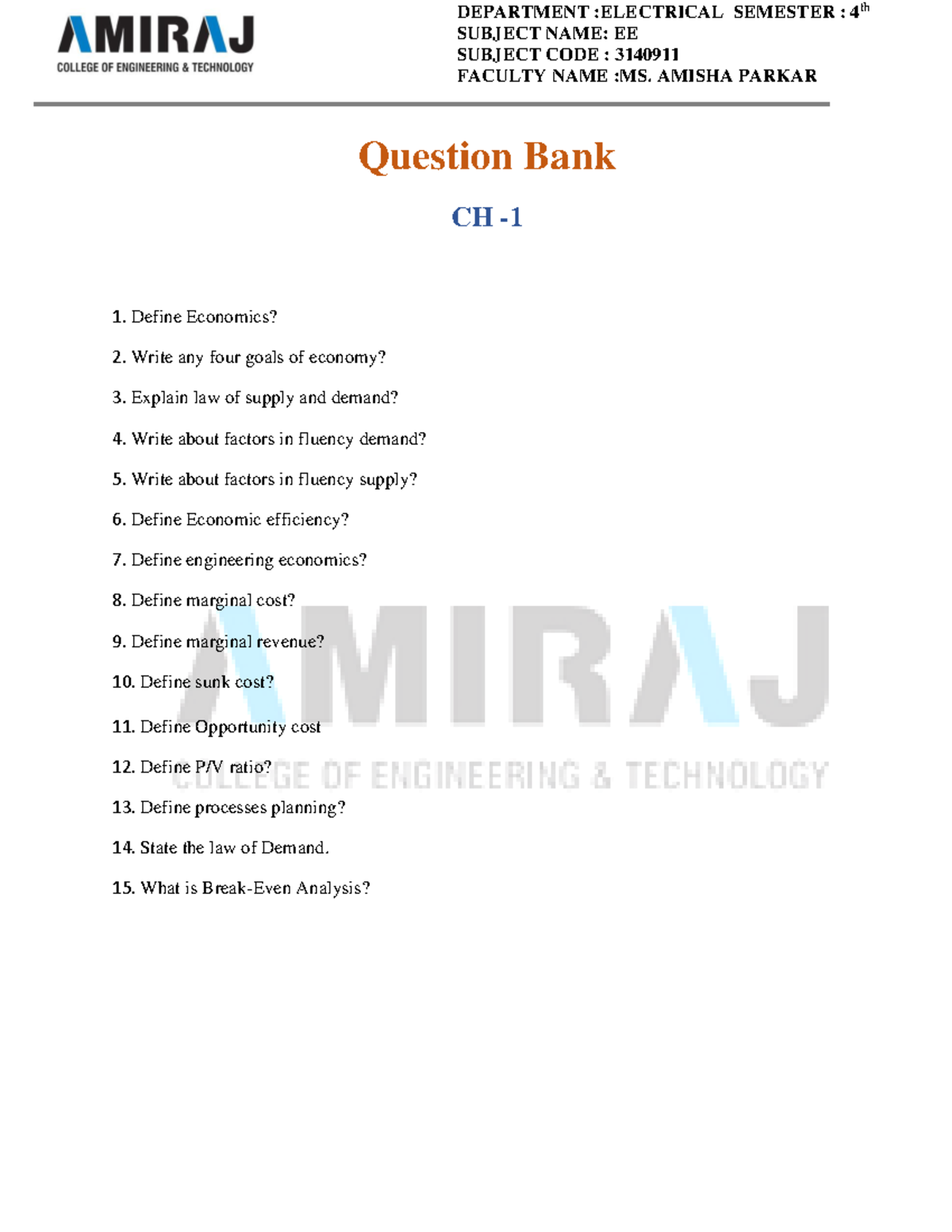 3140911 ee question bank - SUBJECT NAME: EE SUBJECT CODE : 3140911 FACULTY NAME :MS. AMISHA ...