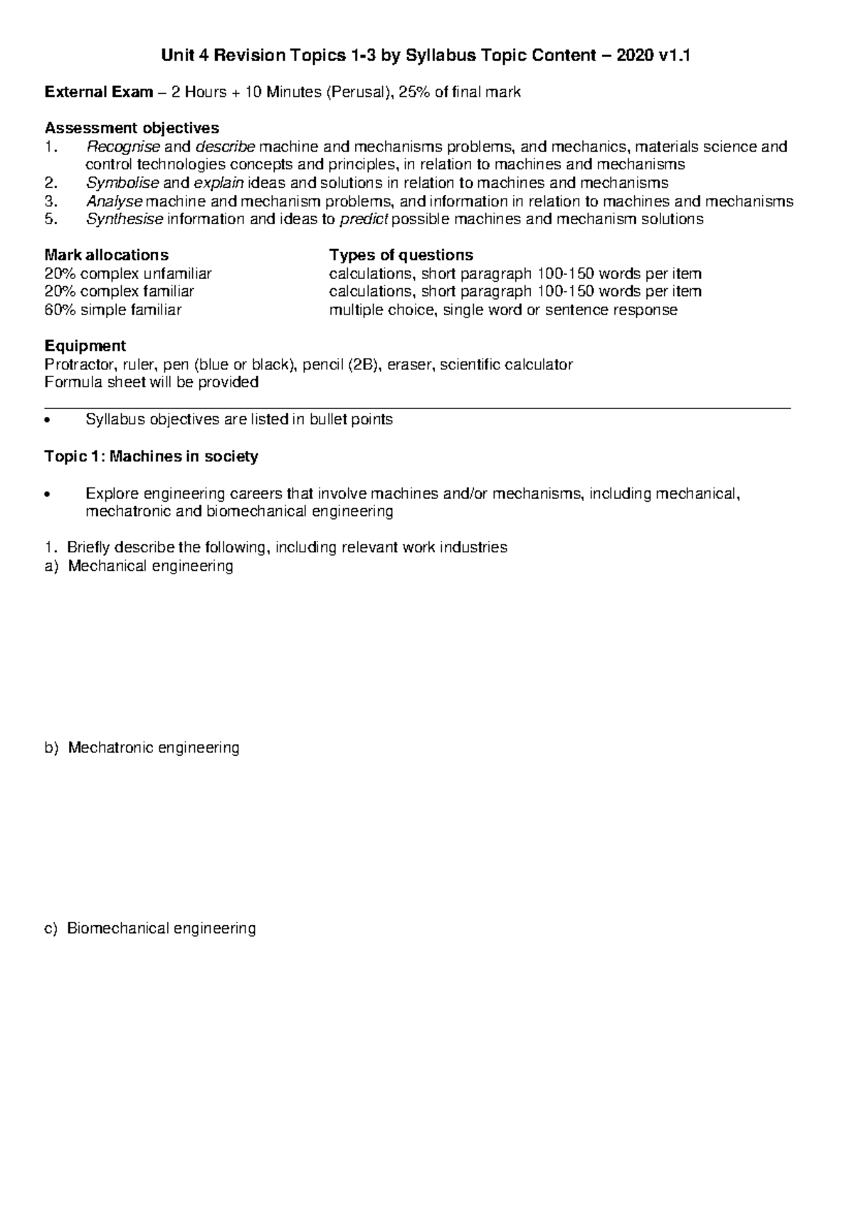 Unit 4 Revision Topics 1-3 by Syllabus Topic Content v1 - 1 External ...