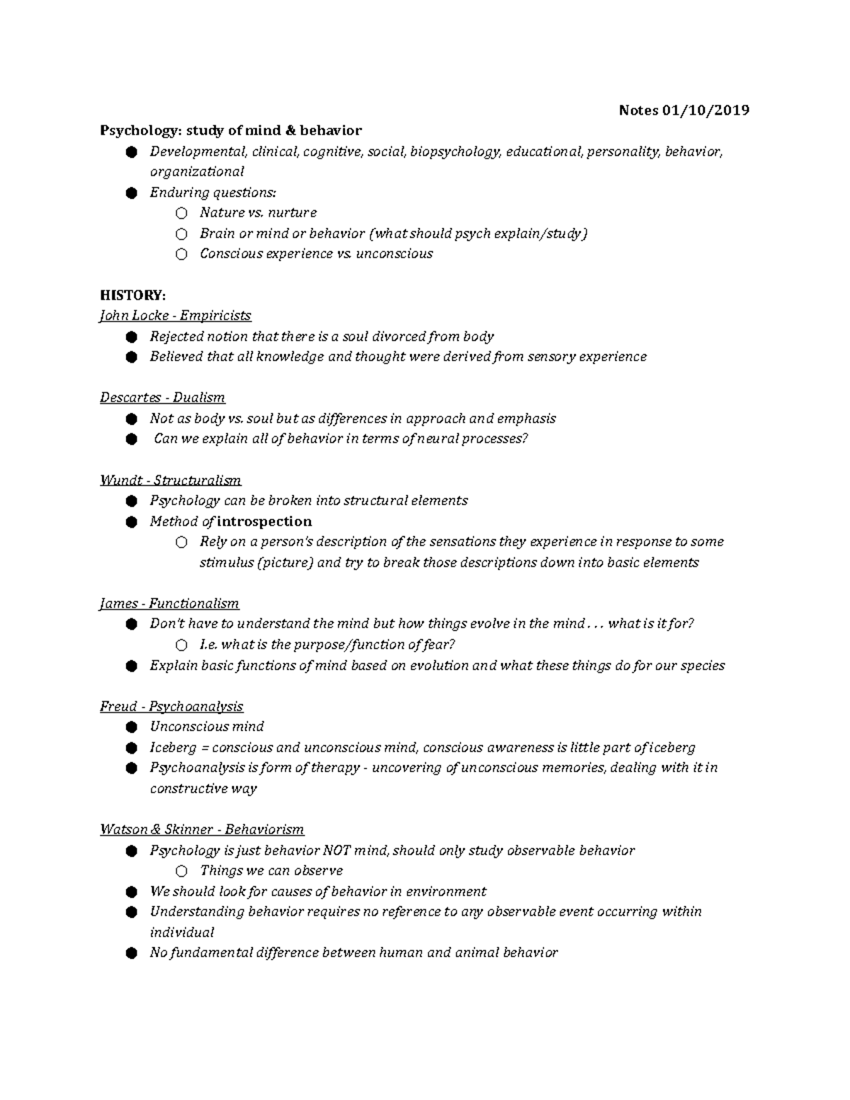 Unit 1 Psych Notes - Notes 01/10/ Psychology: study of mind & behavior ...