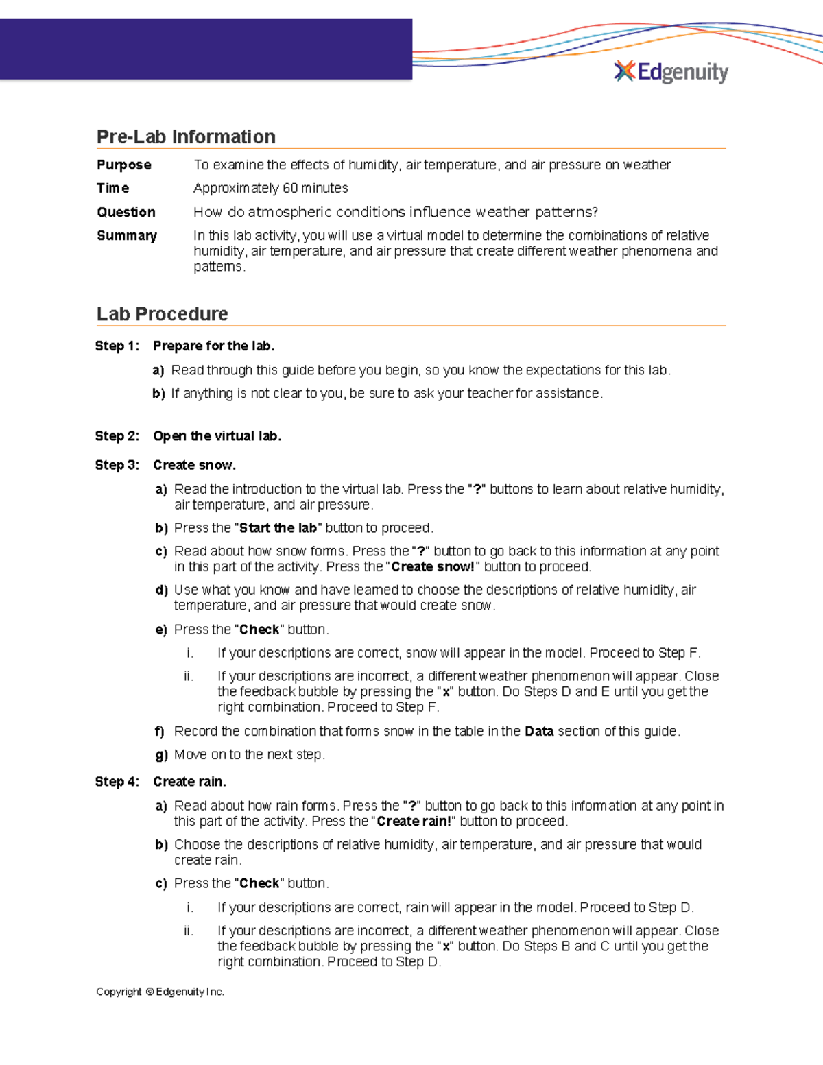 Weather Patterns Student Virtual Lab G - Virtual Lab: Weather Patterns Student Guide Pre-Lab ...