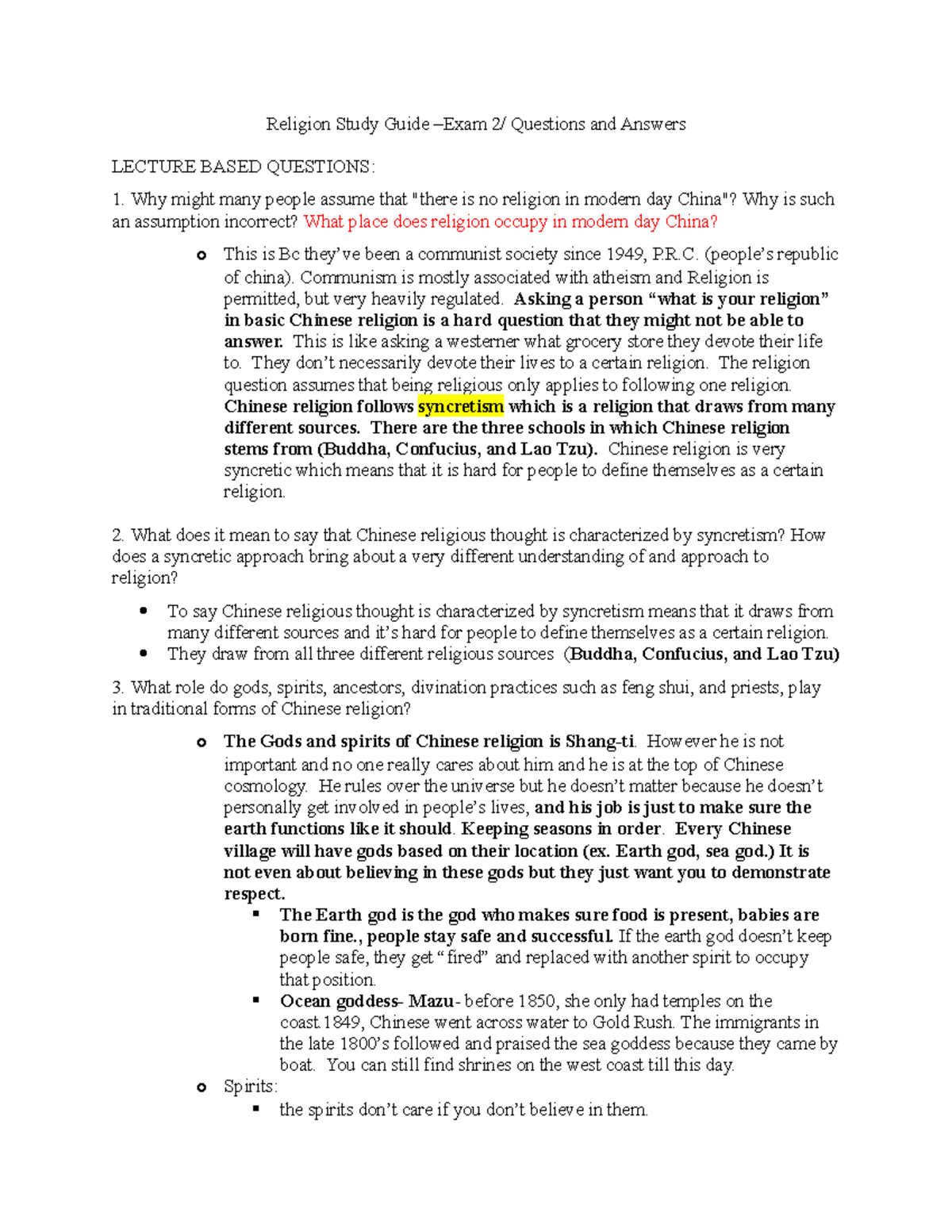 Exam 2 notes - Religion Study Guide –Exam 2/ Questions and Answers ...