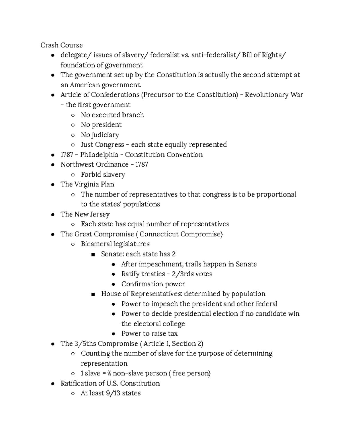 Ch. 2. The Constitution - Crash Course delegate/ issues of slavery/ federalist vs. - Studocu
