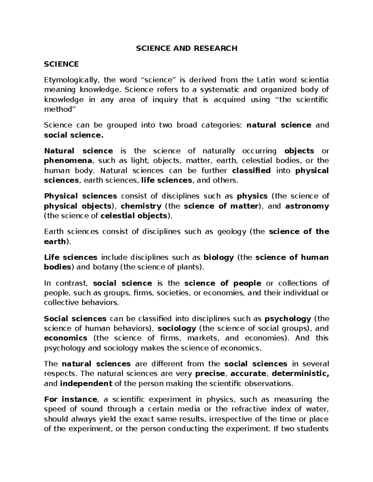 Science AND Resarch - SCIENCE AND RESEARCH SCIENCE Etymologically, the ...