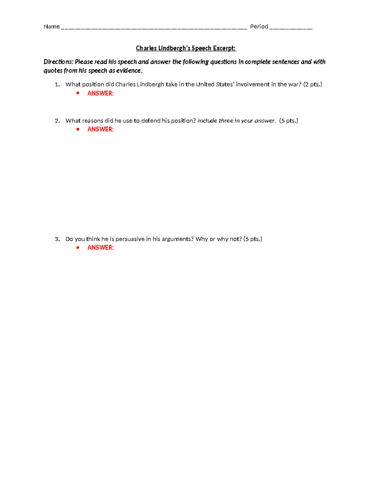 Isolationism Answer Sheet - Name
