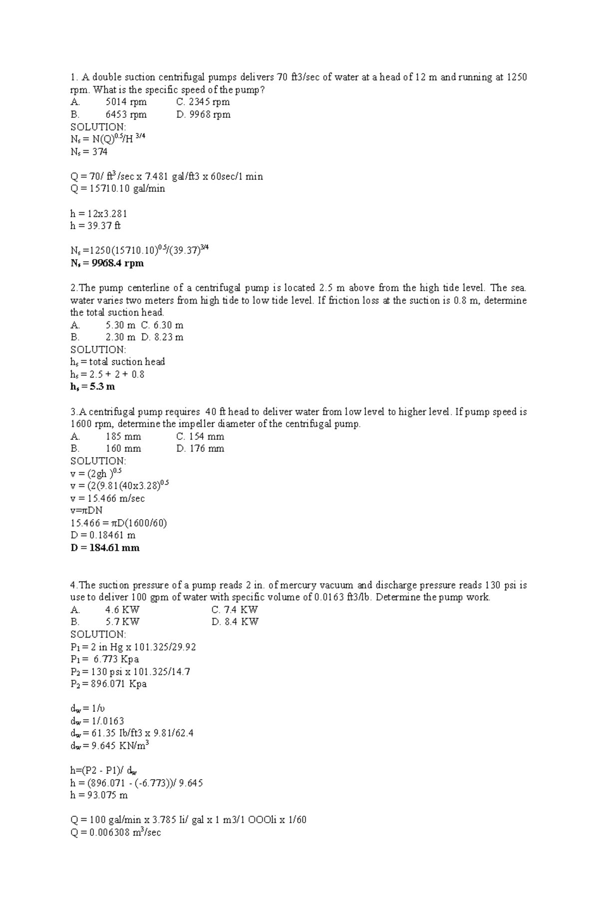 Sample Pump Problems - A double suction centrifugal pumps delivers 70 ...