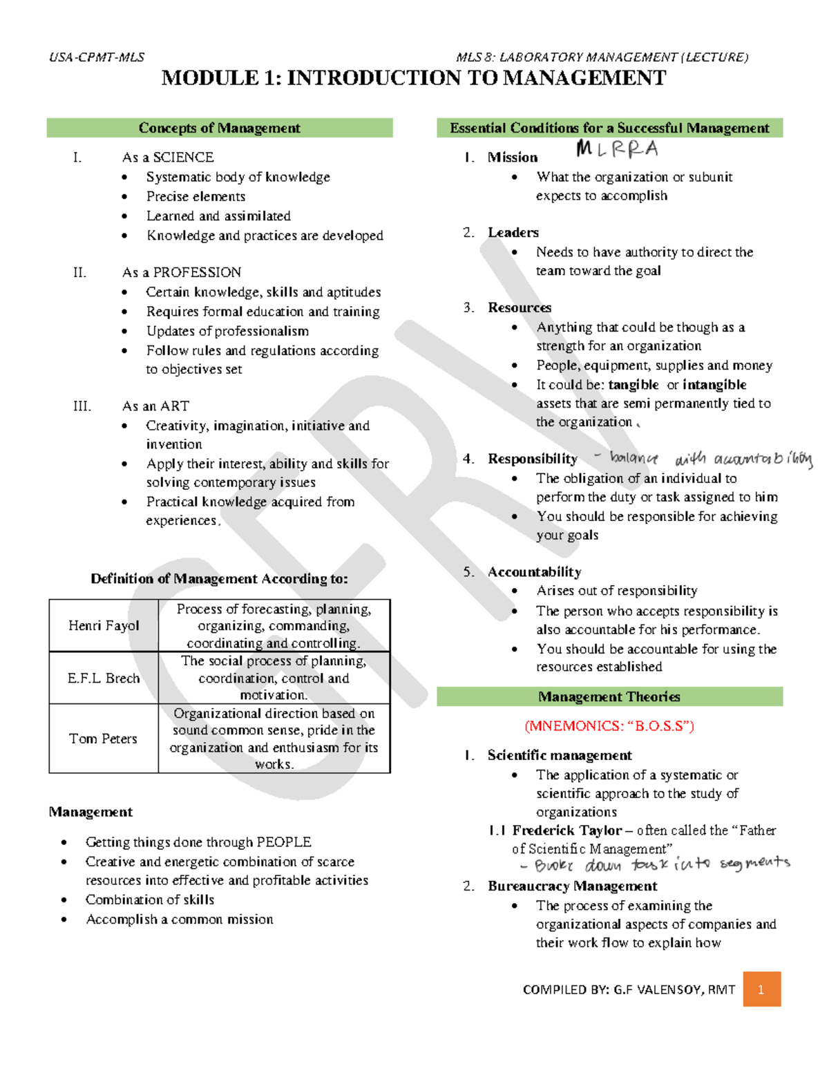 Lab Man Module 1 From Ms - USA-CPMT-MLS MLS 8: LABORATORY MANAGEMENT (LECTURE) COMPILED BY: G ...