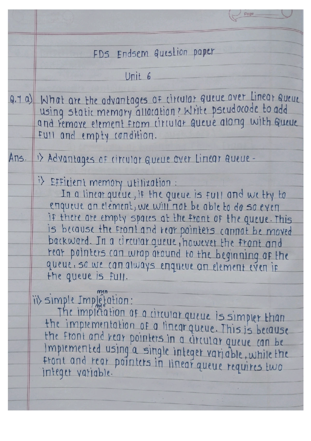 Comp FDS- Unit-4 Master solution - Date: FUNDAMENTAL OF DATA STRUCTURES Solution. Q. Write ...