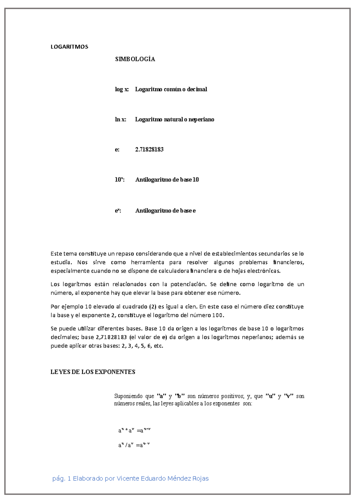 Logaritmos Aspectos Principales de repaso de comprension - LOGARITMOS ...