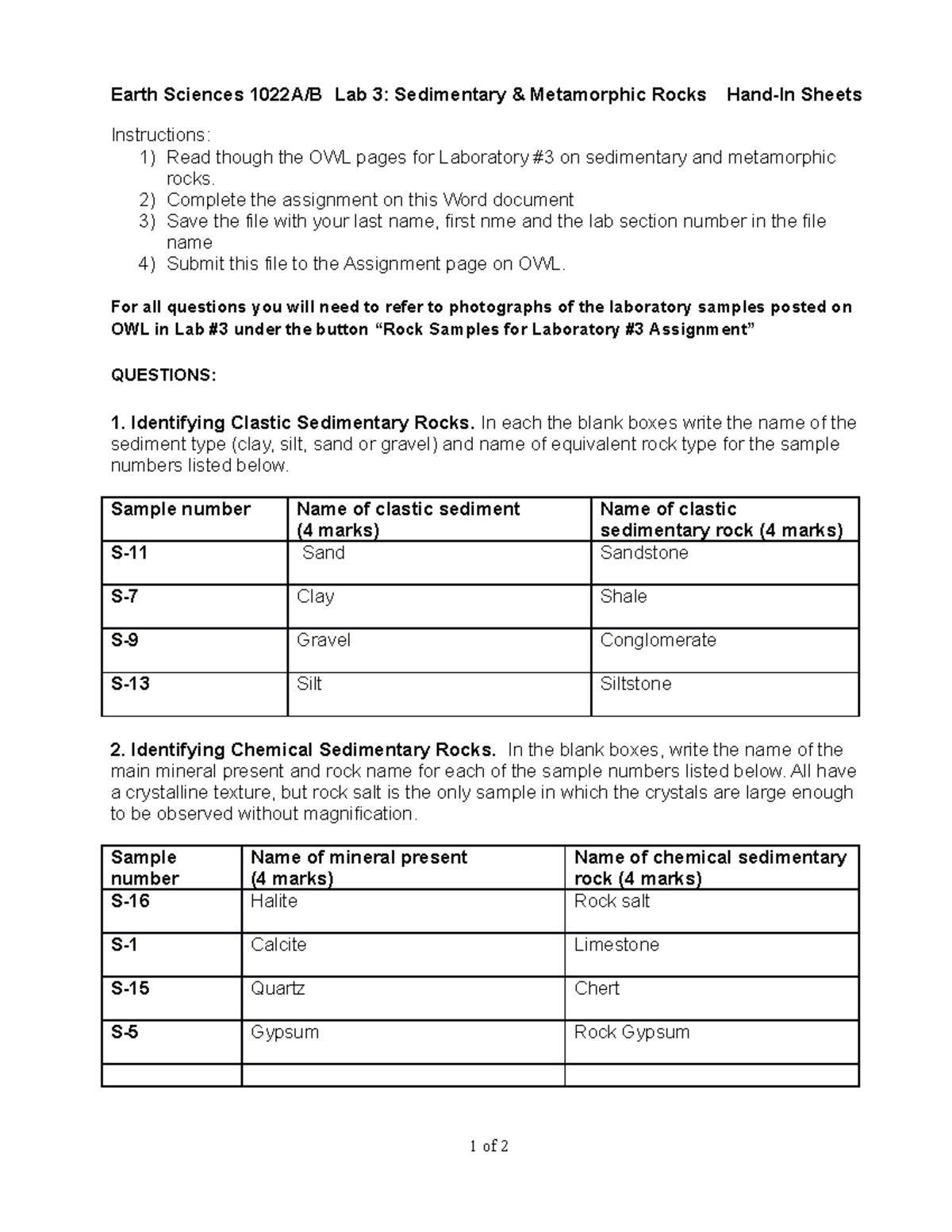Lab 3 earth rocks - Earth Sciences 1022A/B Lab 3: Sedimentary ...