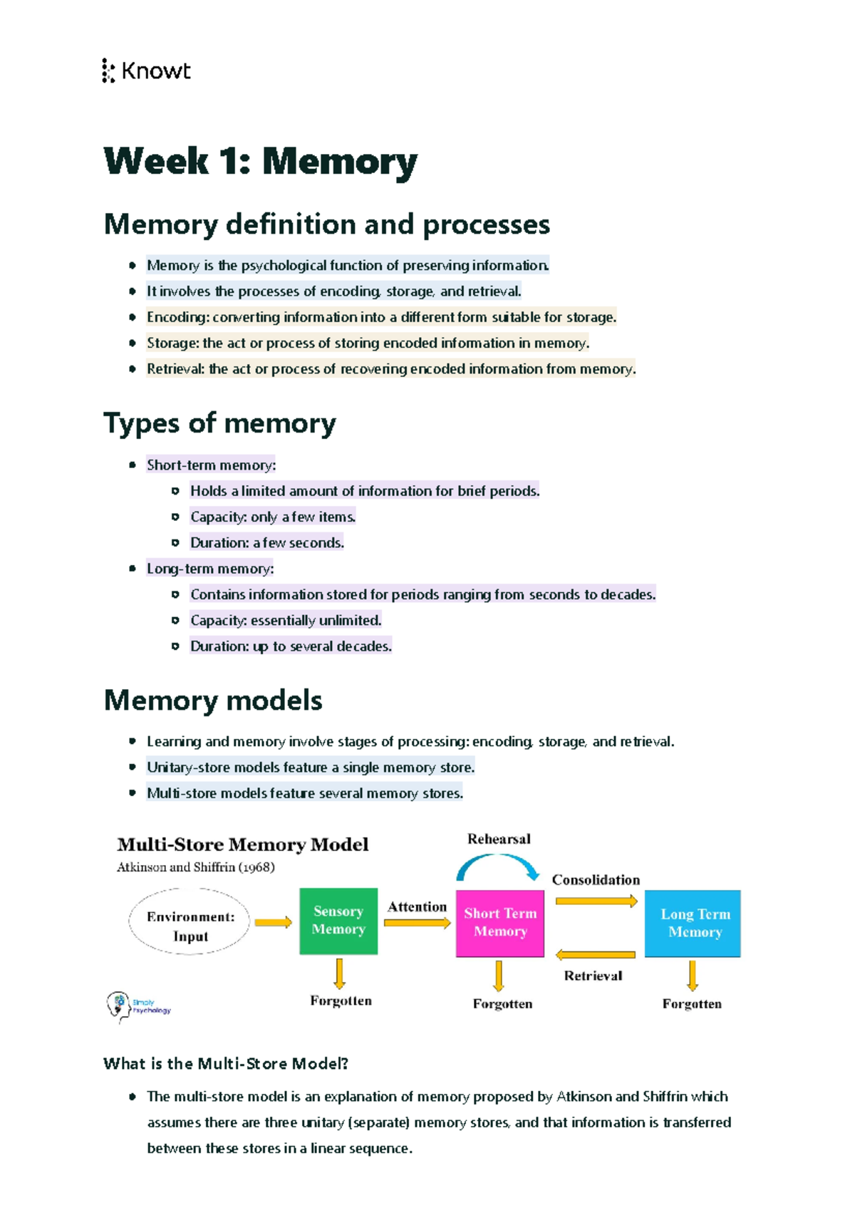 Week 1 Memory Notes Knowt - Week 1: Memory Memory is the psychological ...
