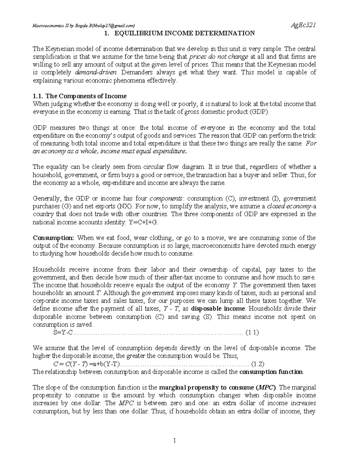 Macroecon II - ####### 1. EQUILIBRIUM INCOME DETERMINATION The ...