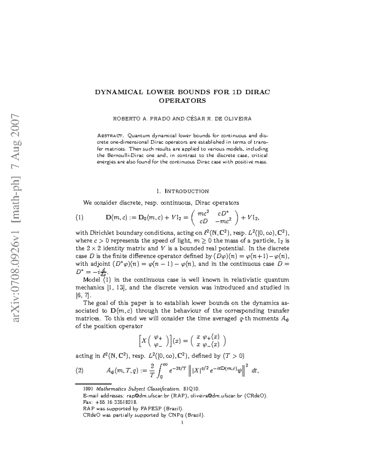 0708 - Cours - arXiv:0708 [math-ph] 7 Aug 2007 DYNAMICAL LOWER BOUNDS FOR 1D DIRAC OPERATORS ...