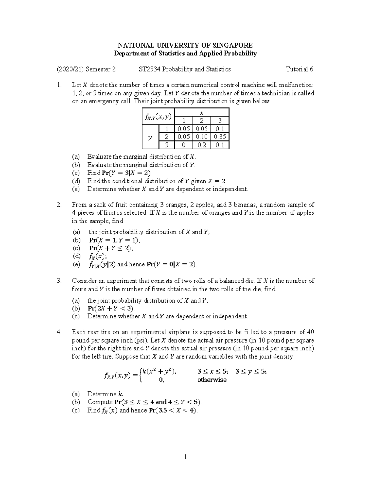 ST2334 20S2 Tut 6 - Tutorial - 1 NATIONAL UNIVERSITY OF SINGAPORE ...