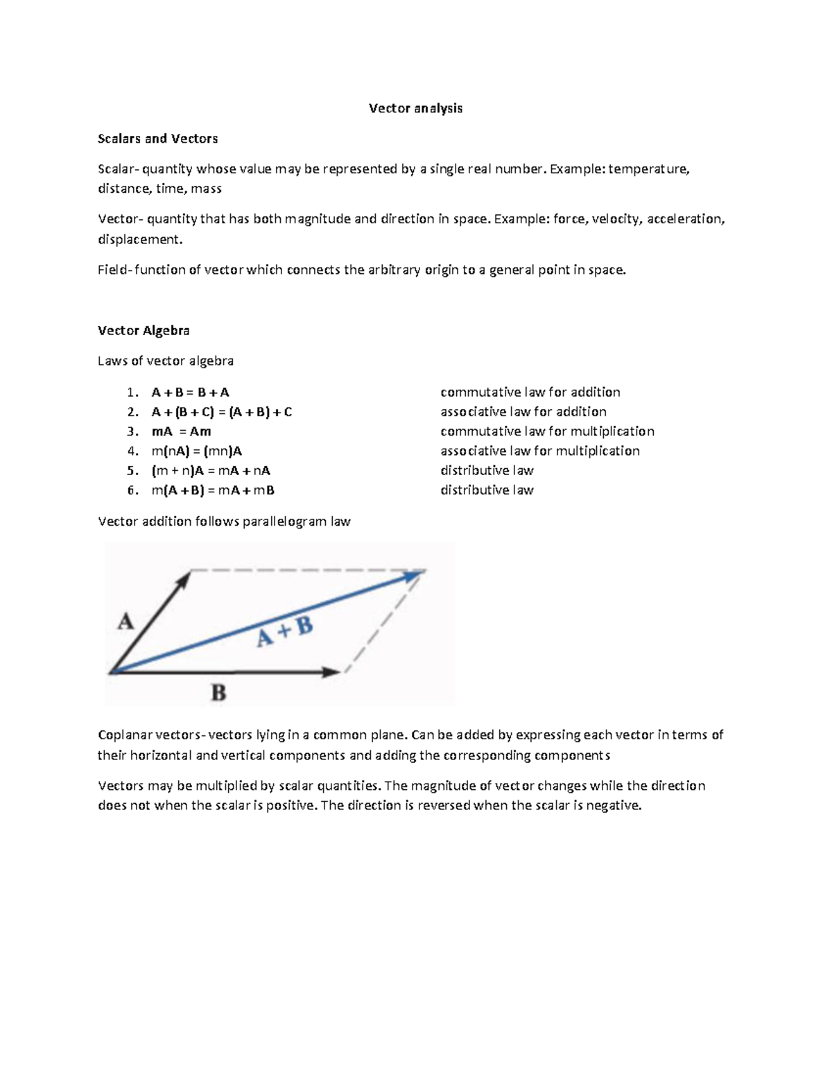 Emags-1 - Vector analysis Scalars and Vectors Scalar- quantity whose ...