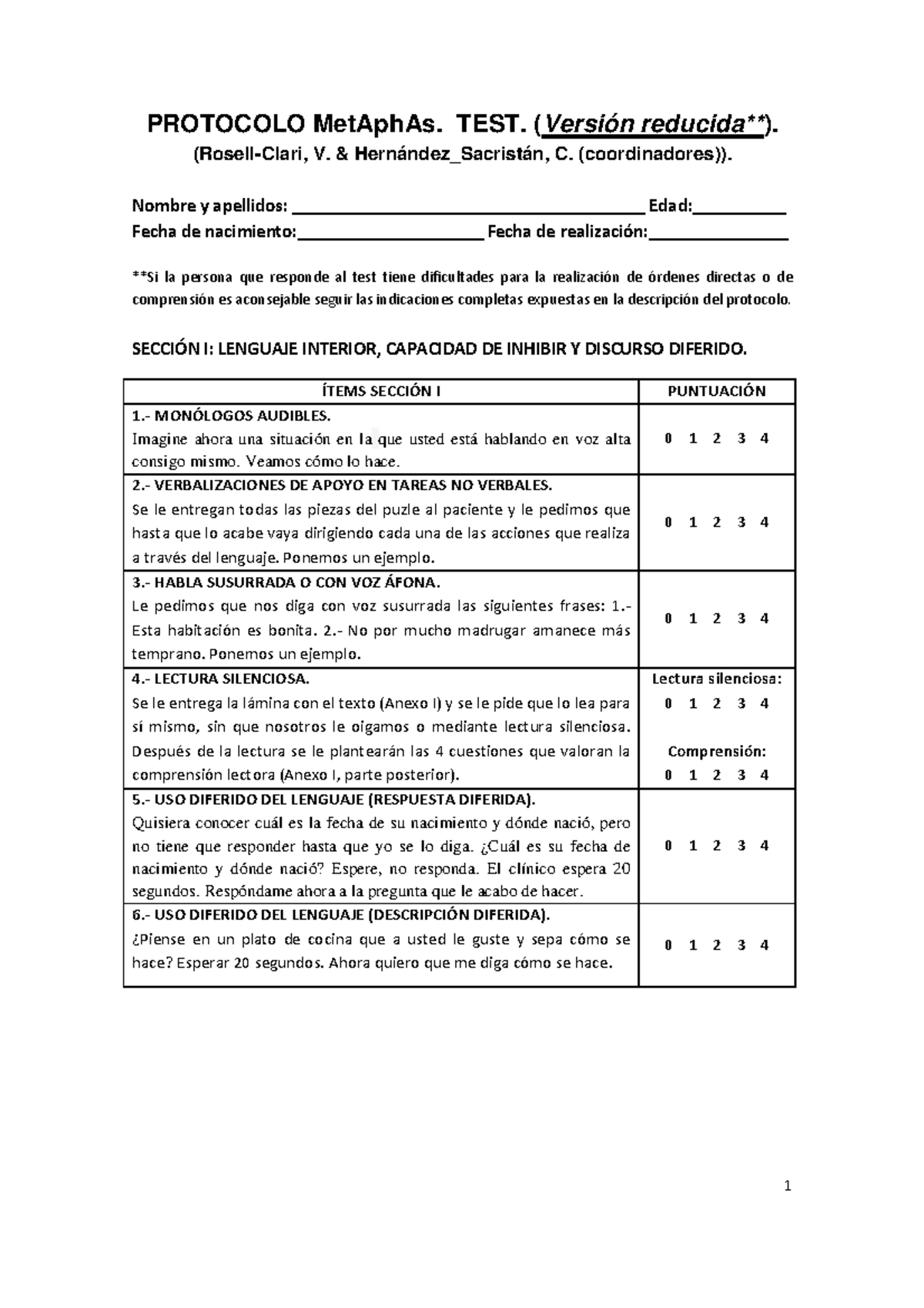 Registro TEST Met Aph As Abreviado 46 ítems - PROTOCOLO MetAphAs. TEST ...