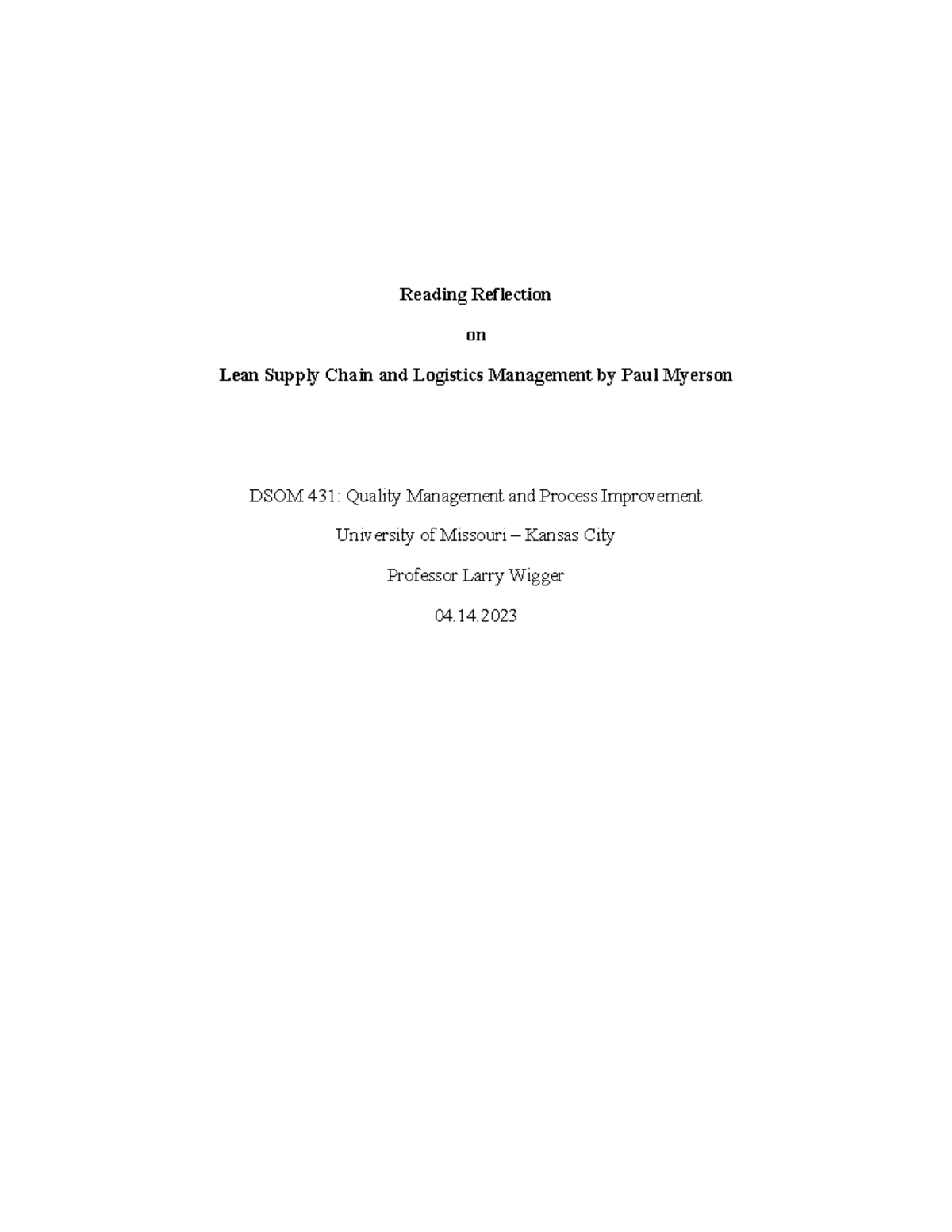 Reading Reflection 3 Grasga - Reading Reflection on Lean Supply Chain ...