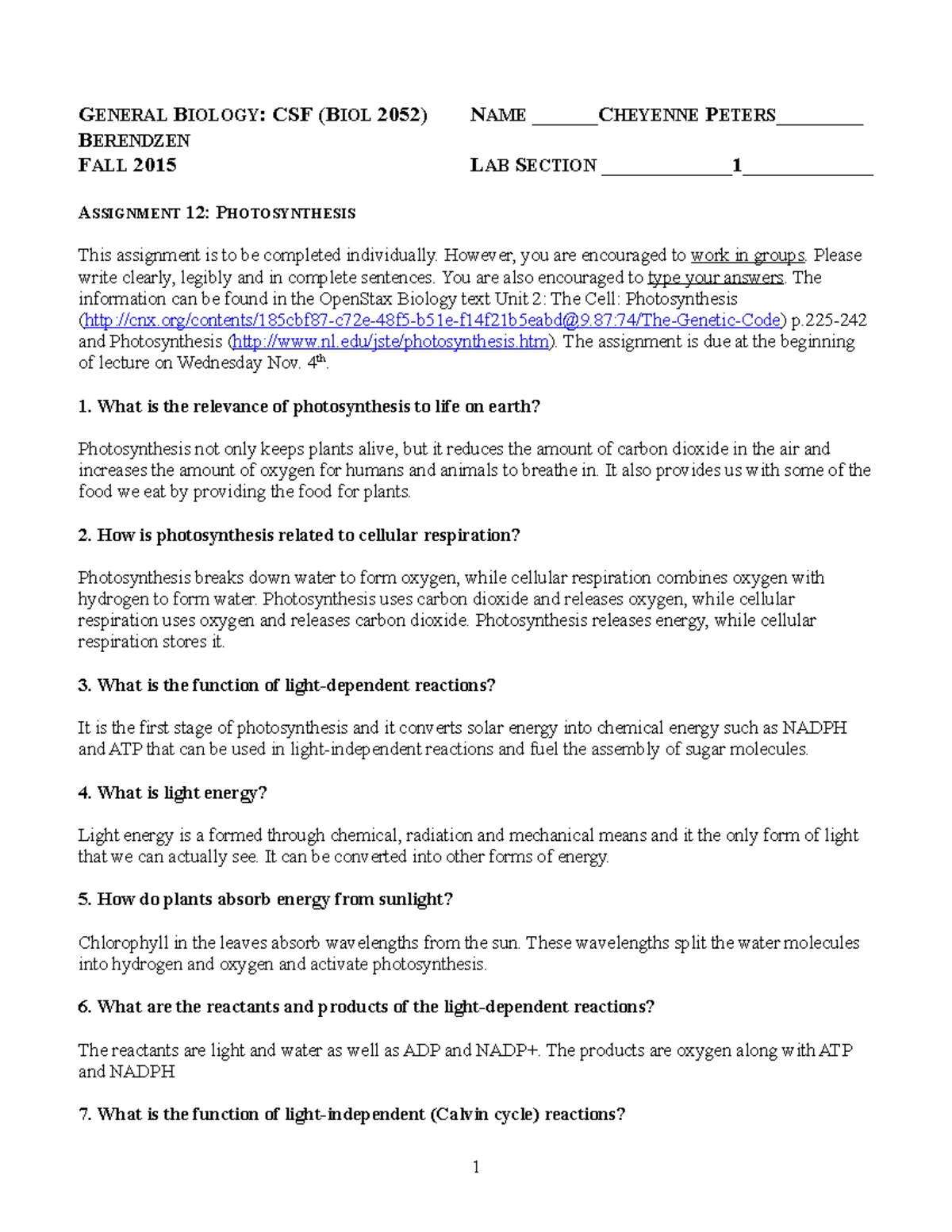 Assignment 12 - GENERAL BIOLOGY: CSF (BIOL 2052) NAME CHEYENNE PETERS ...