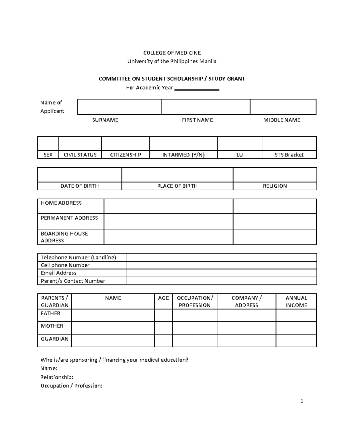 UPCM Scholarship Application Form - COLLEGE OF MEDICINE University of ...