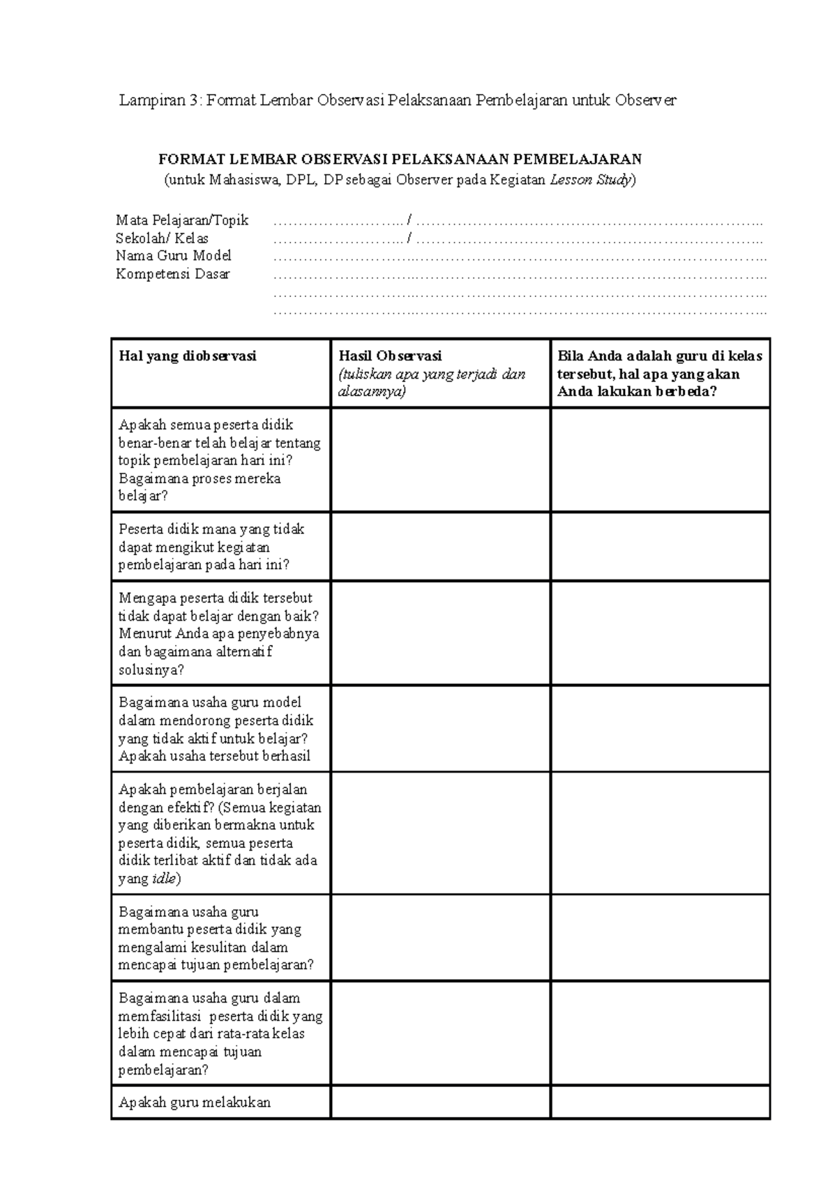 Lampiran 3 - Format Lembar Observasi Pelaksanaan Pembelajaran untuk Observer - - Studocu