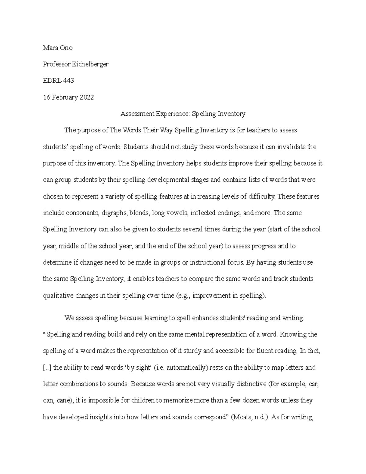 Assessment Experience WTW Spelling Inventory - Mara Ono Professor ...