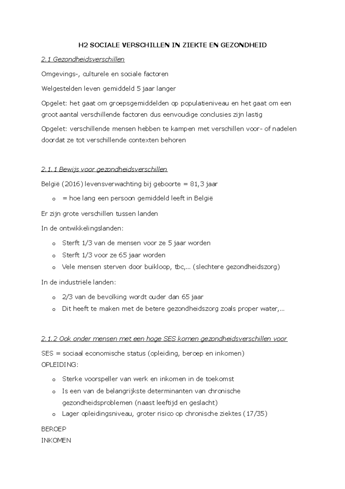 H2 Sociale Verschillen IN Ziekte EN Gezondheid - H2 SOCIALE VERSCHILLEN ...