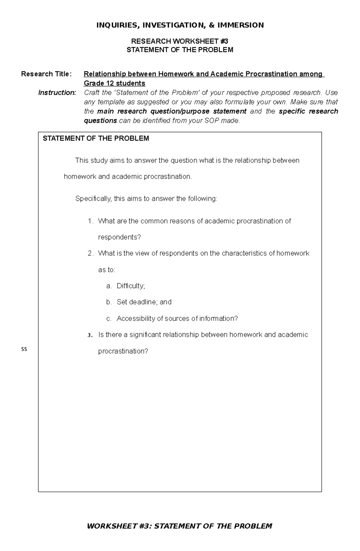 III Worksheets 3 Statement OF THE Problem - INQUIRIES, INVESTIGATION ...