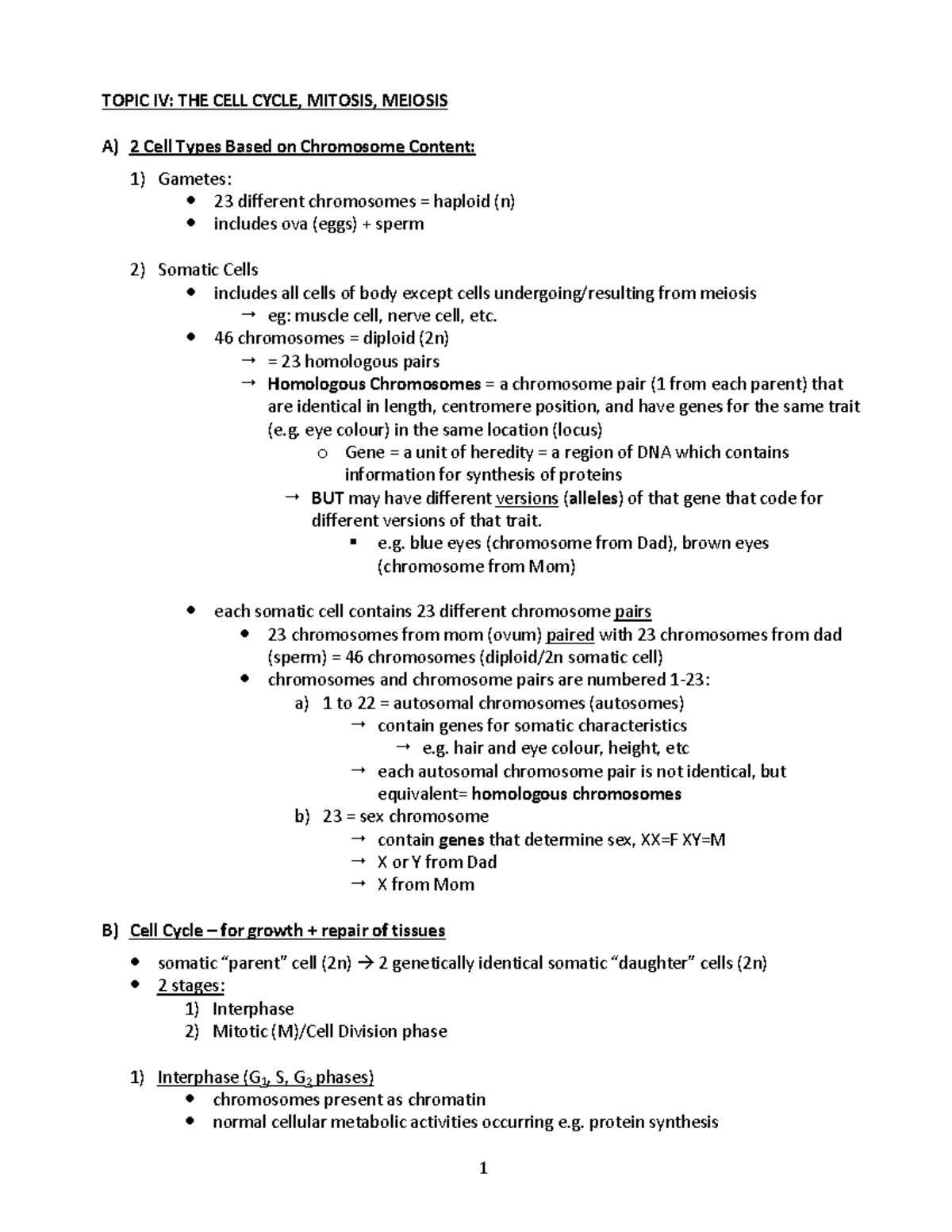 4 - Topic IV - THE CELL Cycle, Mitosis, Meiosis - TOPIC IV: THE CELL ...
