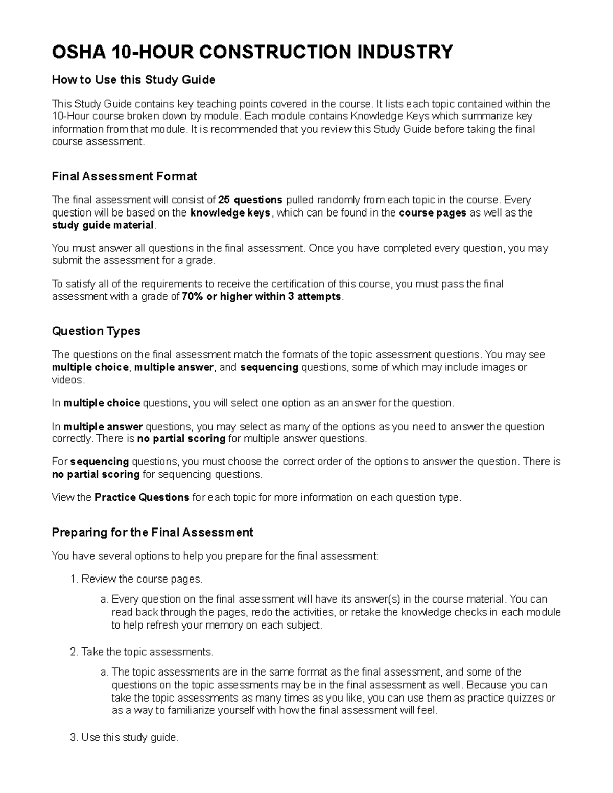 Contruction - OSHA 10-HOUR CONSTRUCTION INDUSTRY How to Use this Study ...
