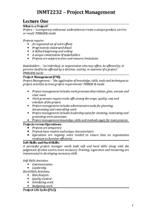 Project Management Lecture Notes Introduction - FUNDAMENTALS OF PROJECT ...