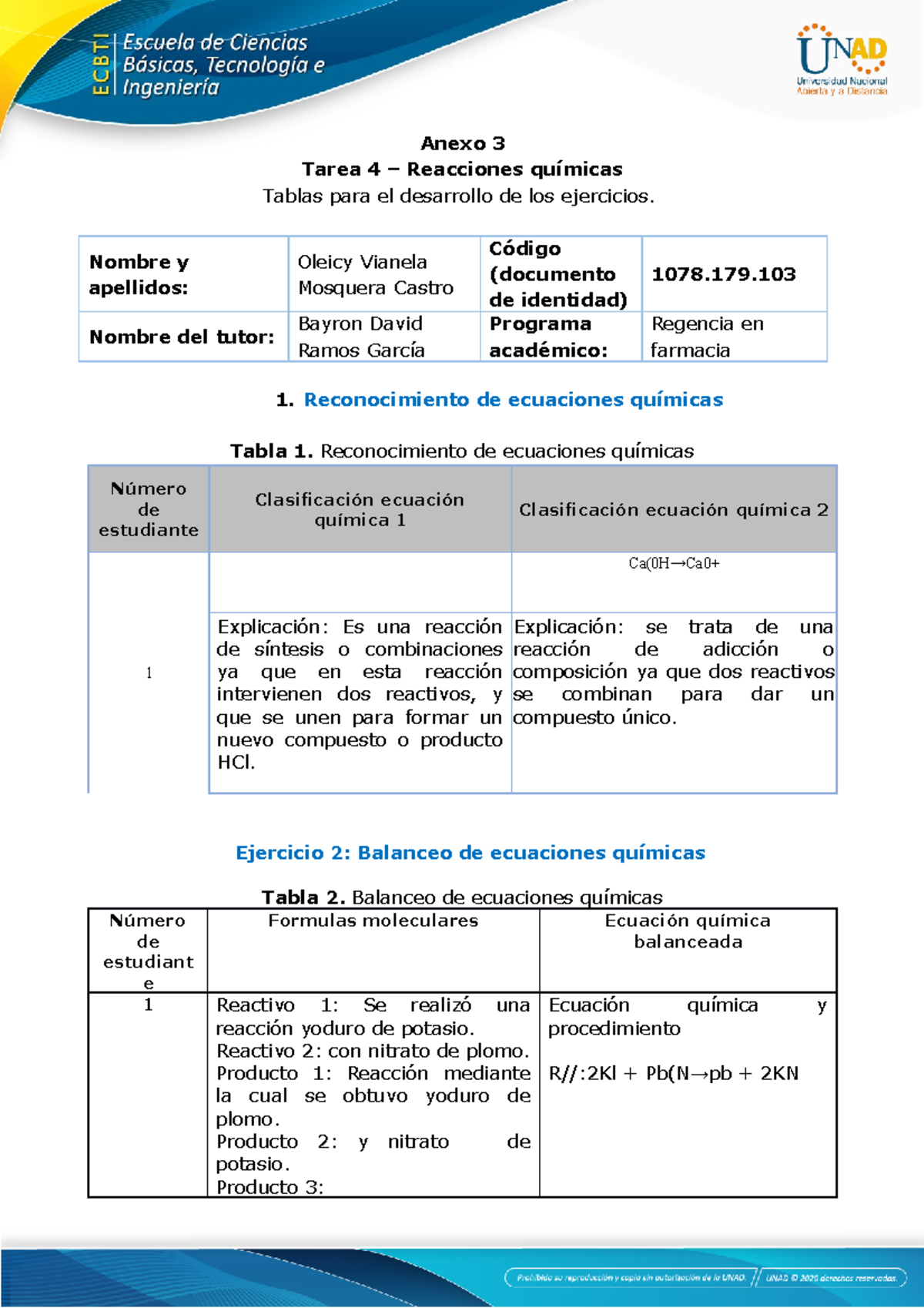Anexo 3 quimica oleicy mosquera - Anexo 3 Tarea 4 – Reacciones químicas Tablas para el ...