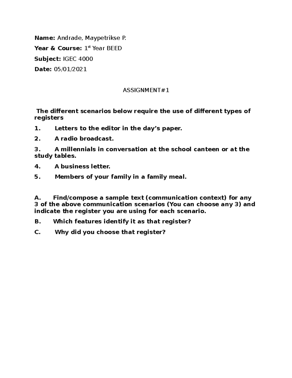 Different Types of Registers - Name: Andrade, Maypetrikse P. Year ...