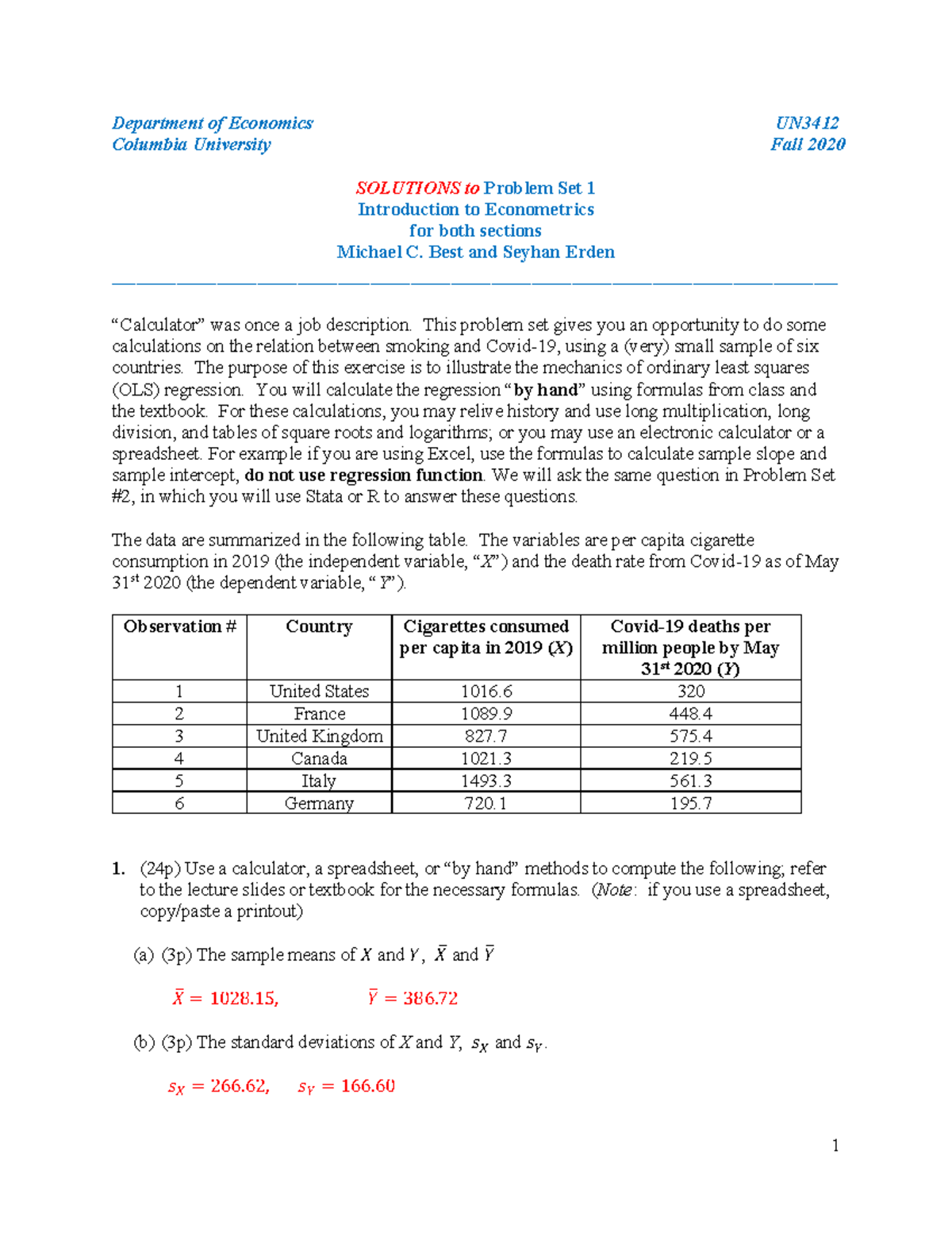 Ps1 sol Fall 2020 1 - practice - Department of Economics UN 3412 ...