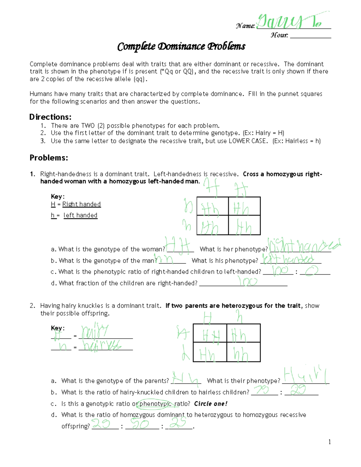 Basic+Punnett+Square+Practice+2-1 - 1 Name: __________________ Hour ...