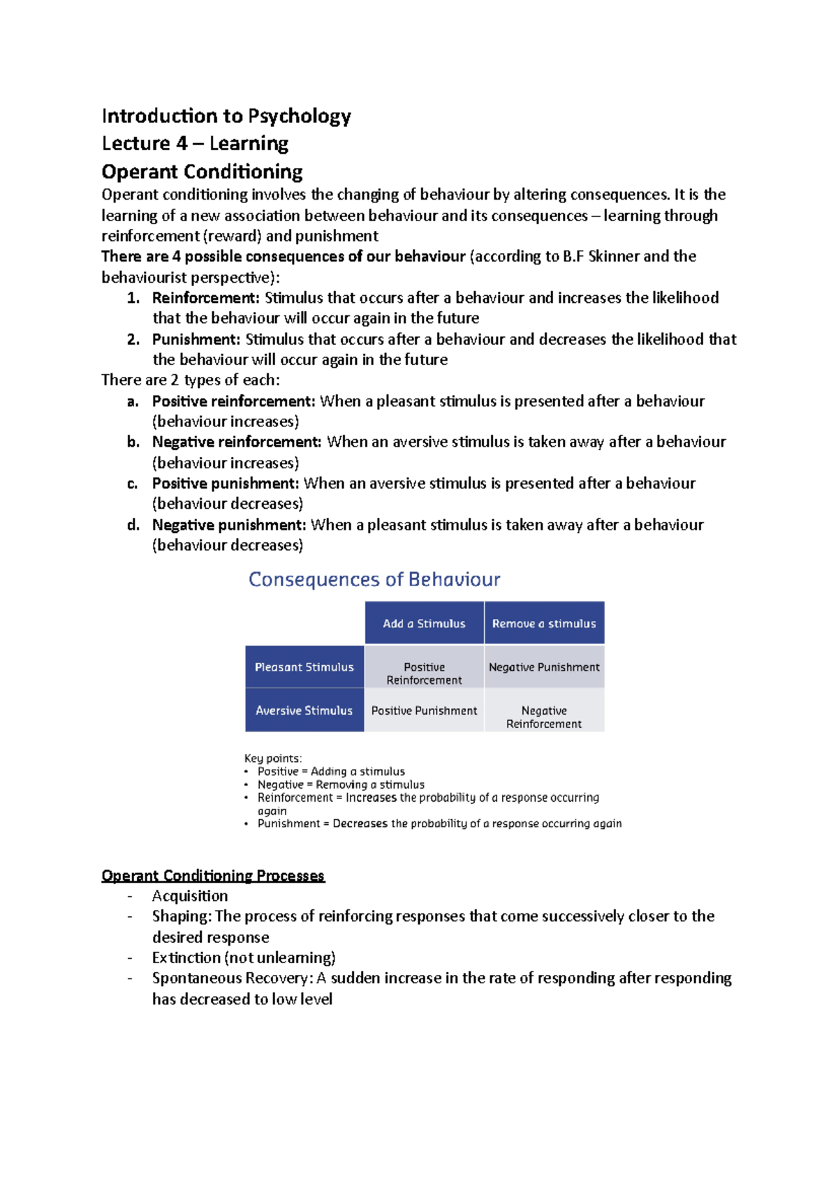 Intro To Psych Lecturetutorial 4 Notes Introduction To Psychology Lecture 4 Learning
